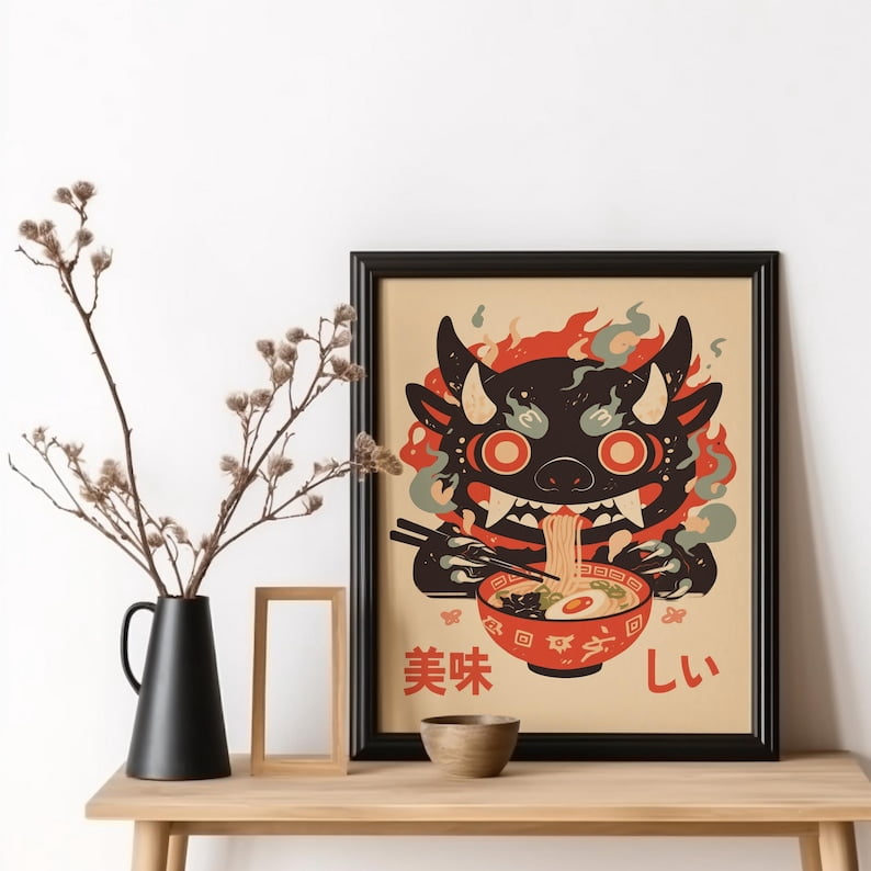 Japanese Oni Noodle Ogre Illustrated Art Print Gift Cute Japanese ...