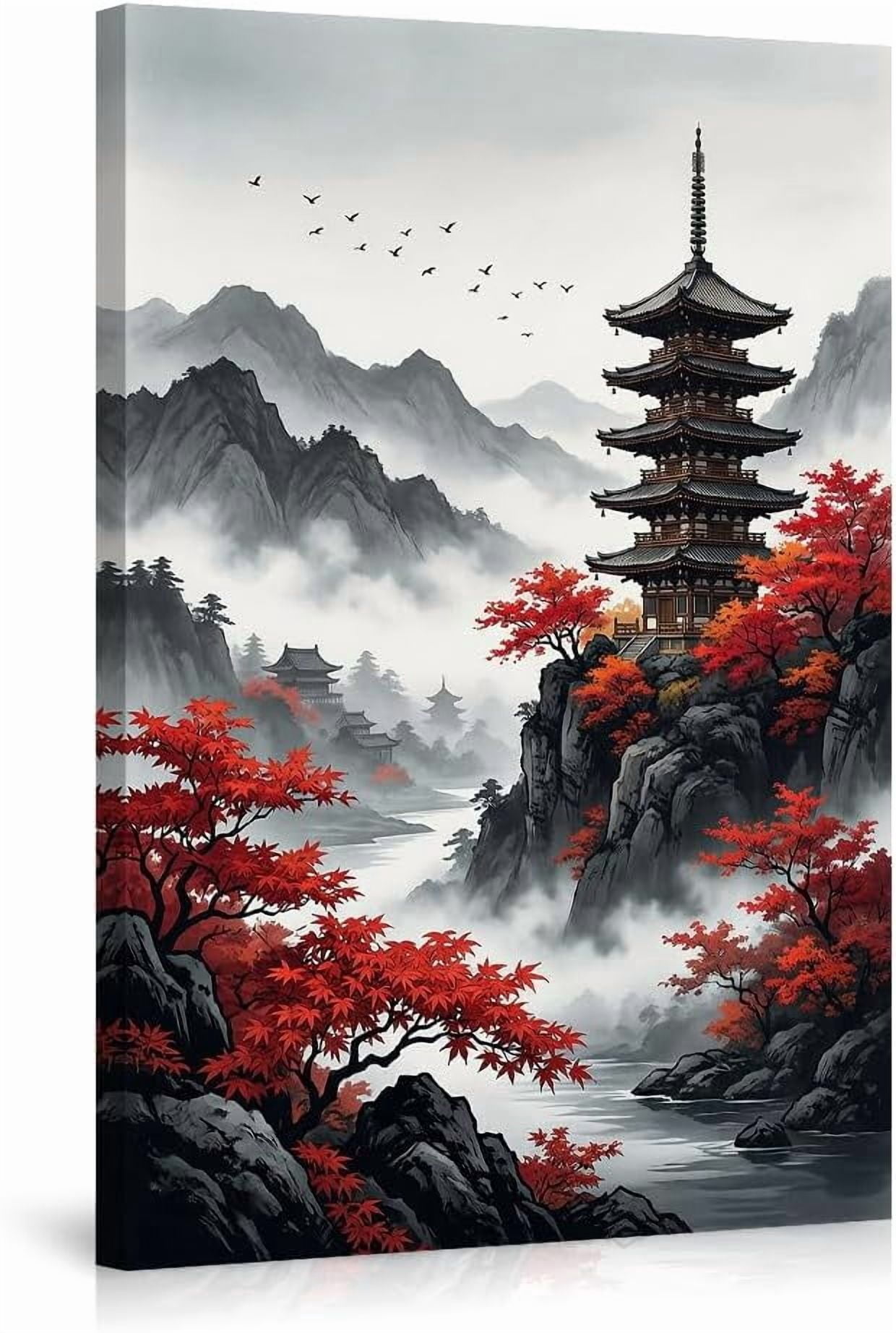 Japanese Pagoda Canvas Wall Art, Asian Serene Landscape Print with ...