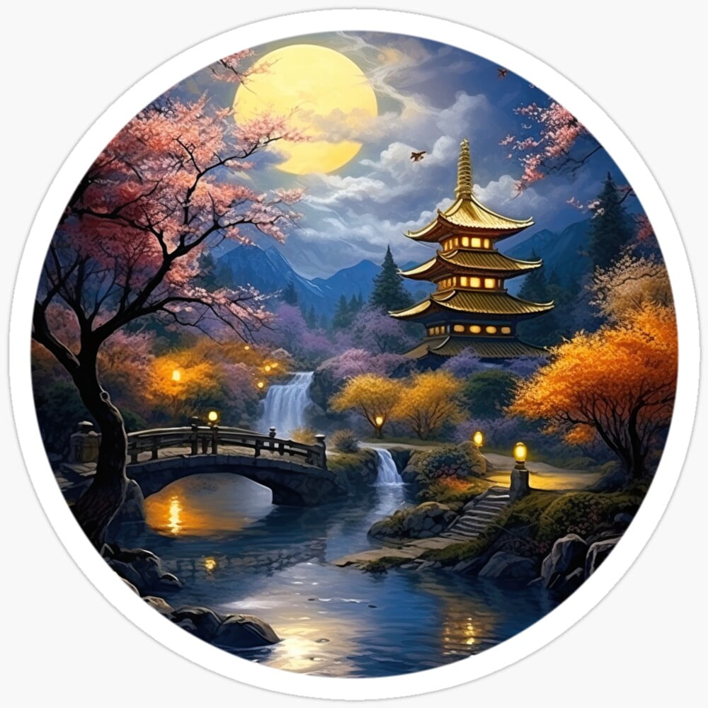 Japanese Pagoda Eastern Full Moon Sakura Stickerphone Decal Water ...