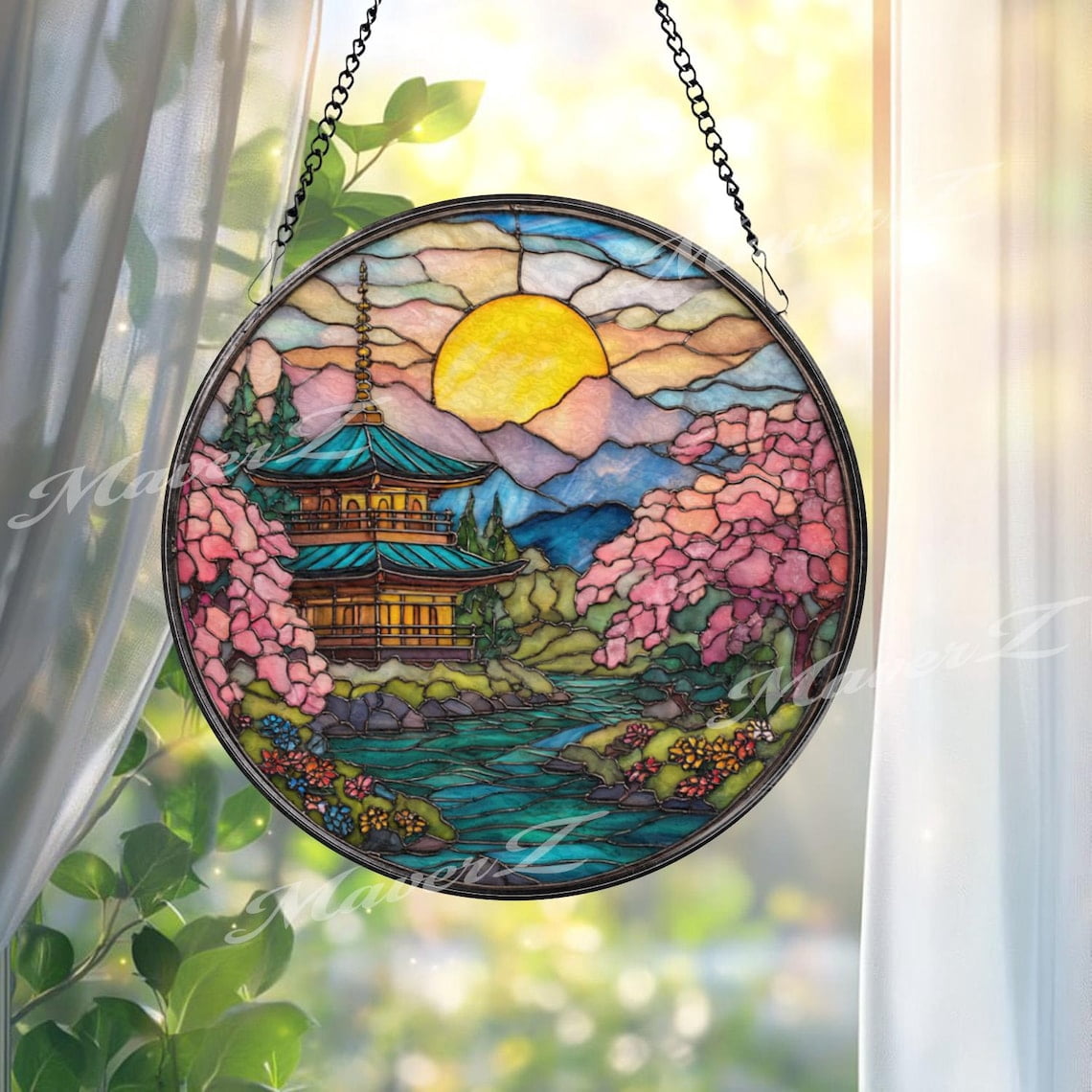 Japanese Pagoda Glass Suncatcher, Round Temple Window Panel, Zen Nature ...