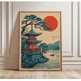 Japanese Pagoda Lake Poster Red Sun Landscape Vintage Asian Scenic ...