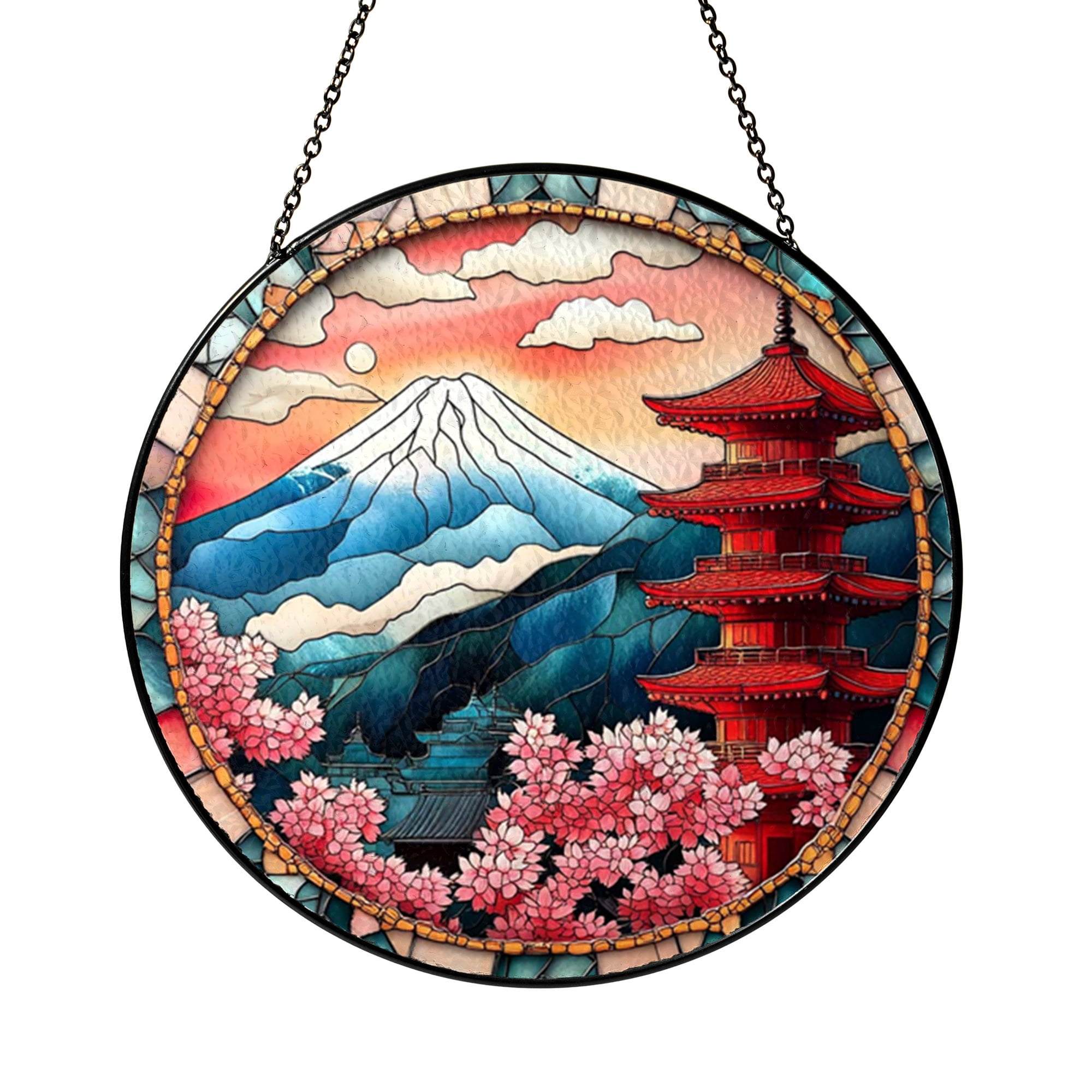 Japanese Pagoda River Landscape Stained Glass Suncatcher, Round Window ...
