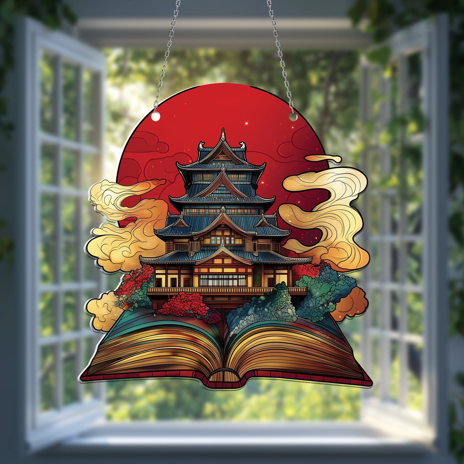 Japanese Pagoda Window Hanging - Acrylic Suncatcher with Sunset ...