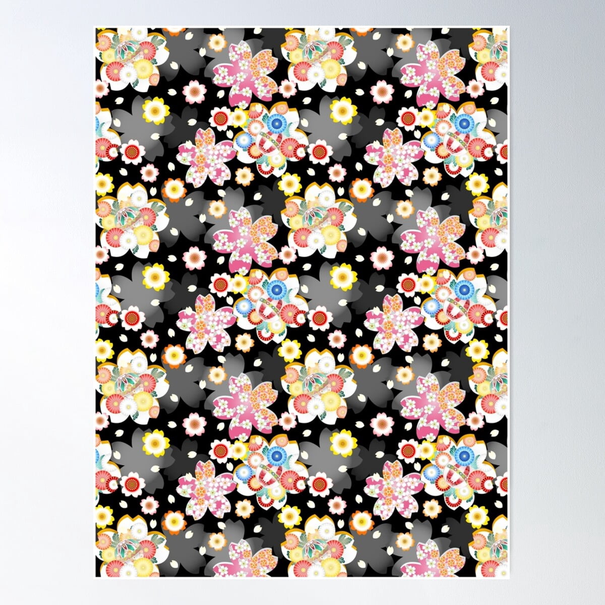 Japanese Pattern Wagara Of Yozakura Night Cherry Blossom Poster Wall ...
