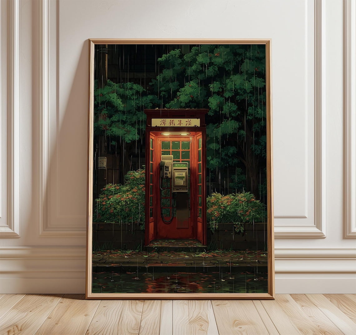 Japanese Phone Booth Rainy Night Anime Cinematic Illustration Art ...