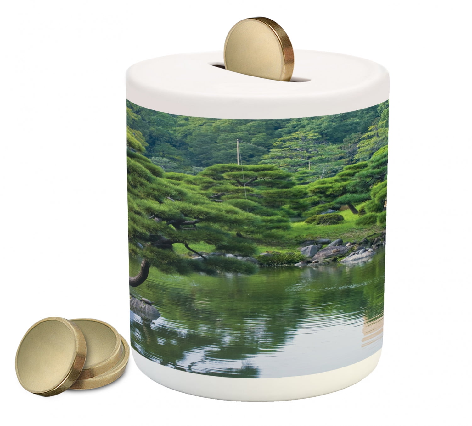 Japanese Piggy Bank, River Landscape Trees Flowers Stones Silence in ...