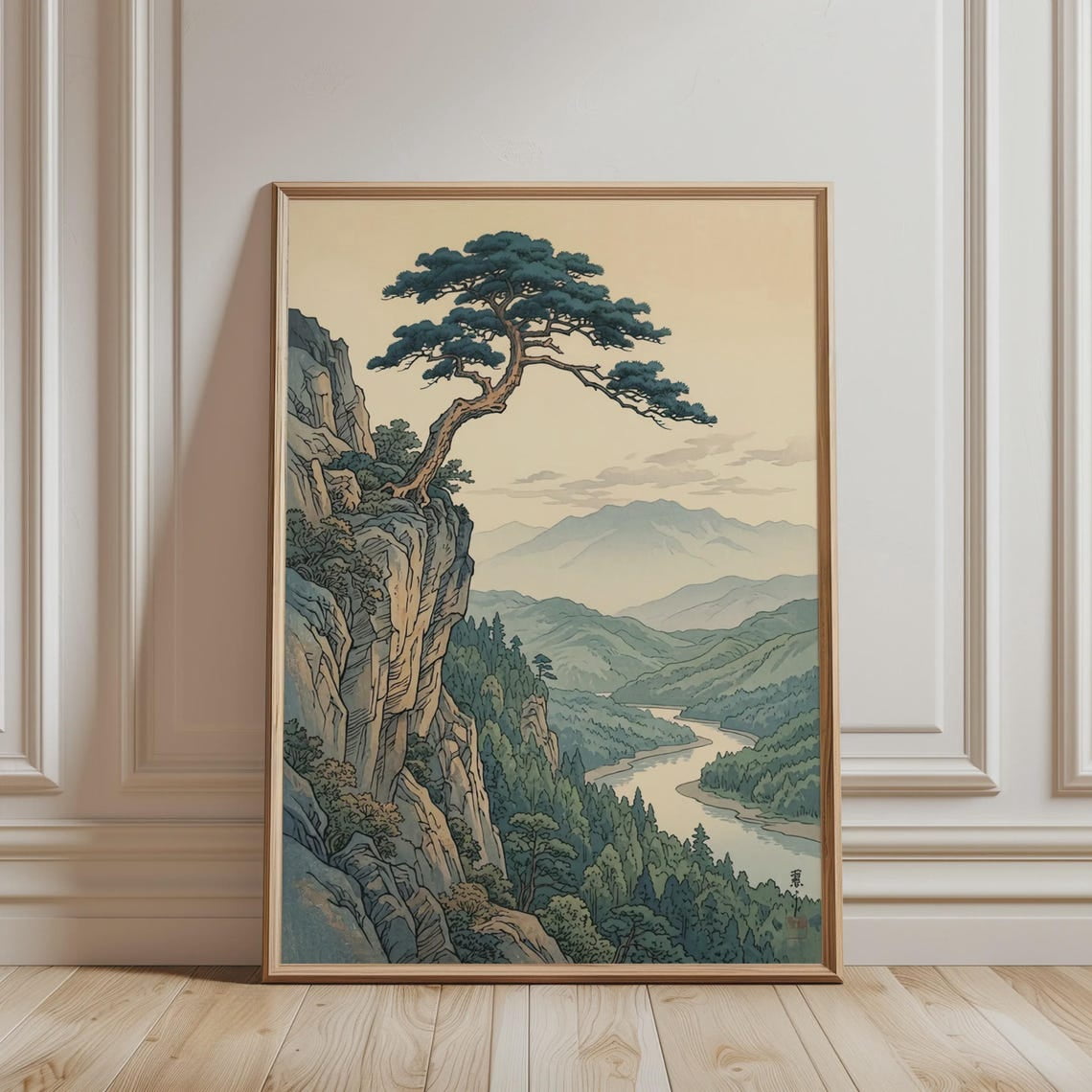 Japanese Pine Tree Vintage Landscape Cliffside River Zen Mountain Decor ...
