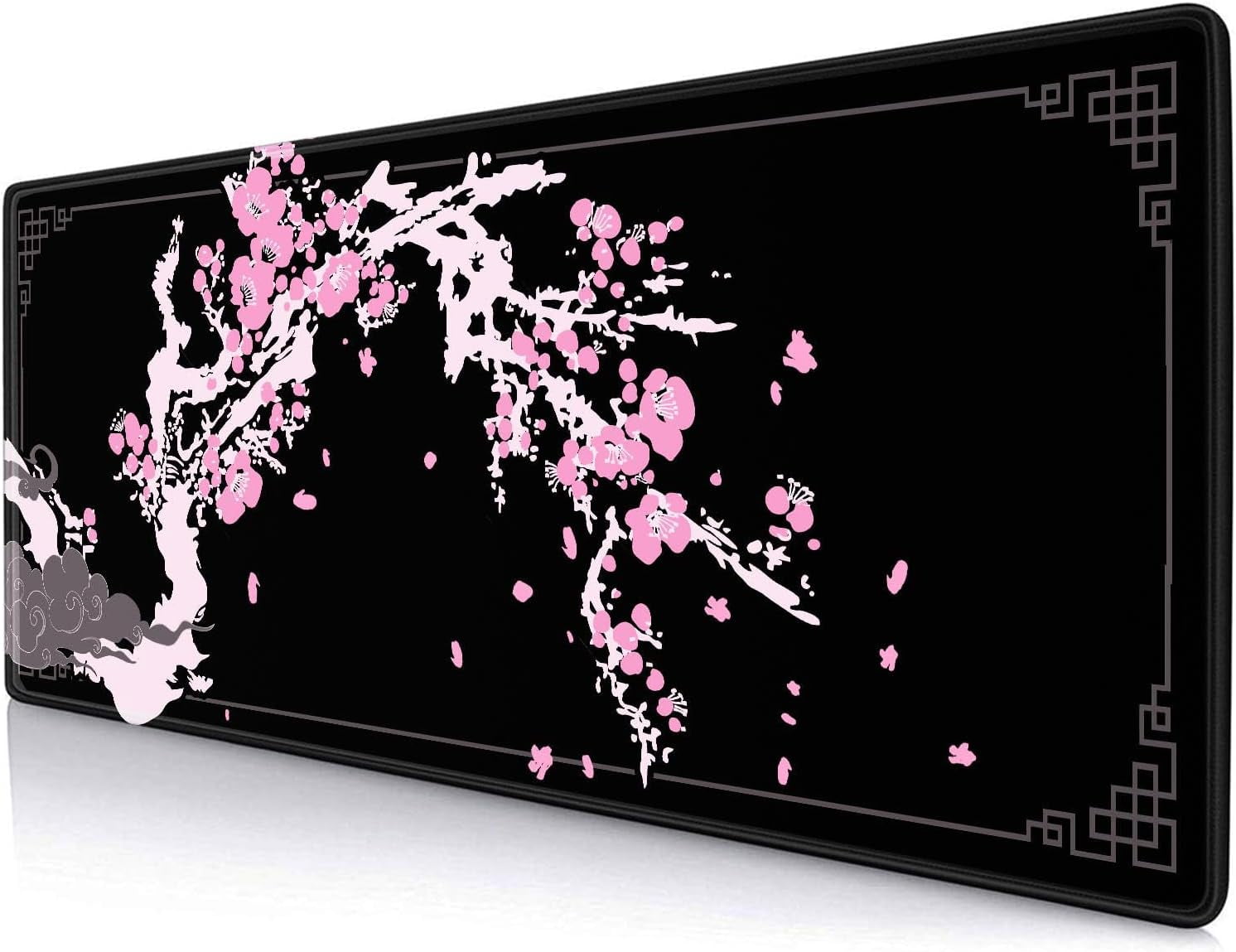 Japanese Pink Cherry Blossom Desk Pad - Black Long Mouse Pad, Cute ...