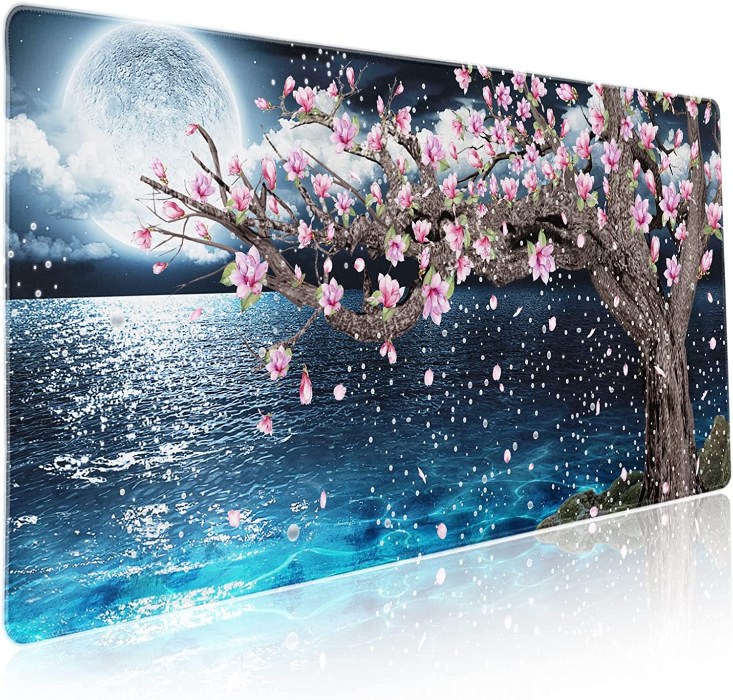 Japanese Pink Floral Gaming Mouse Pad XXL Sakura Cherry Blossom Magnolia Tree Blue Ocean Moon ...