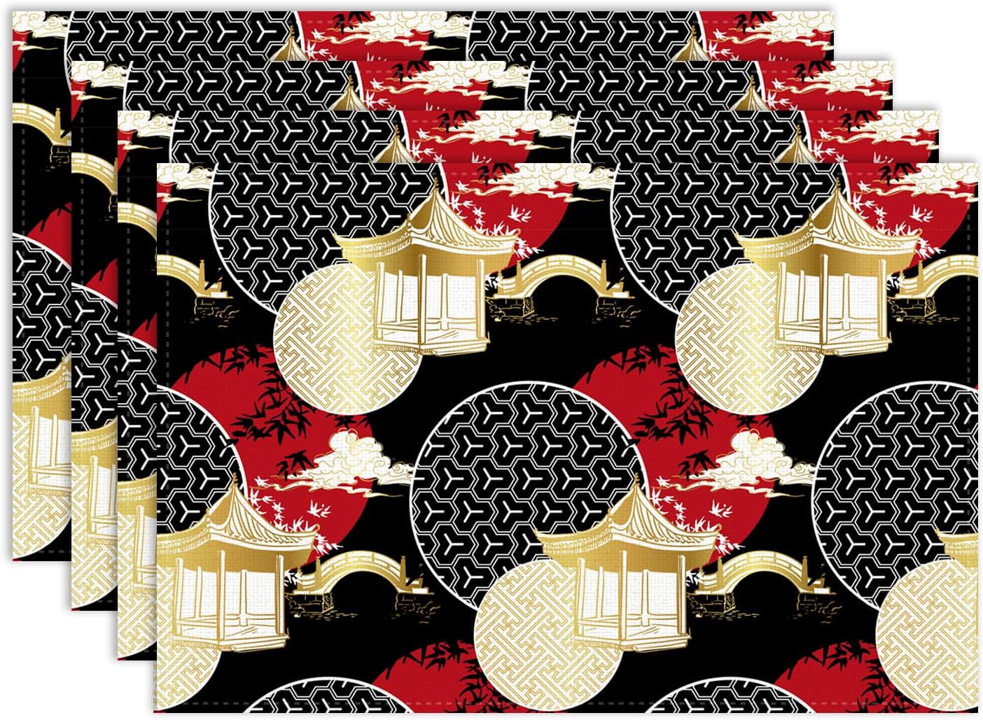 Japanese Placemat Set of 4, 12x18 Inch Rustic Traditional Landscape Red ...
