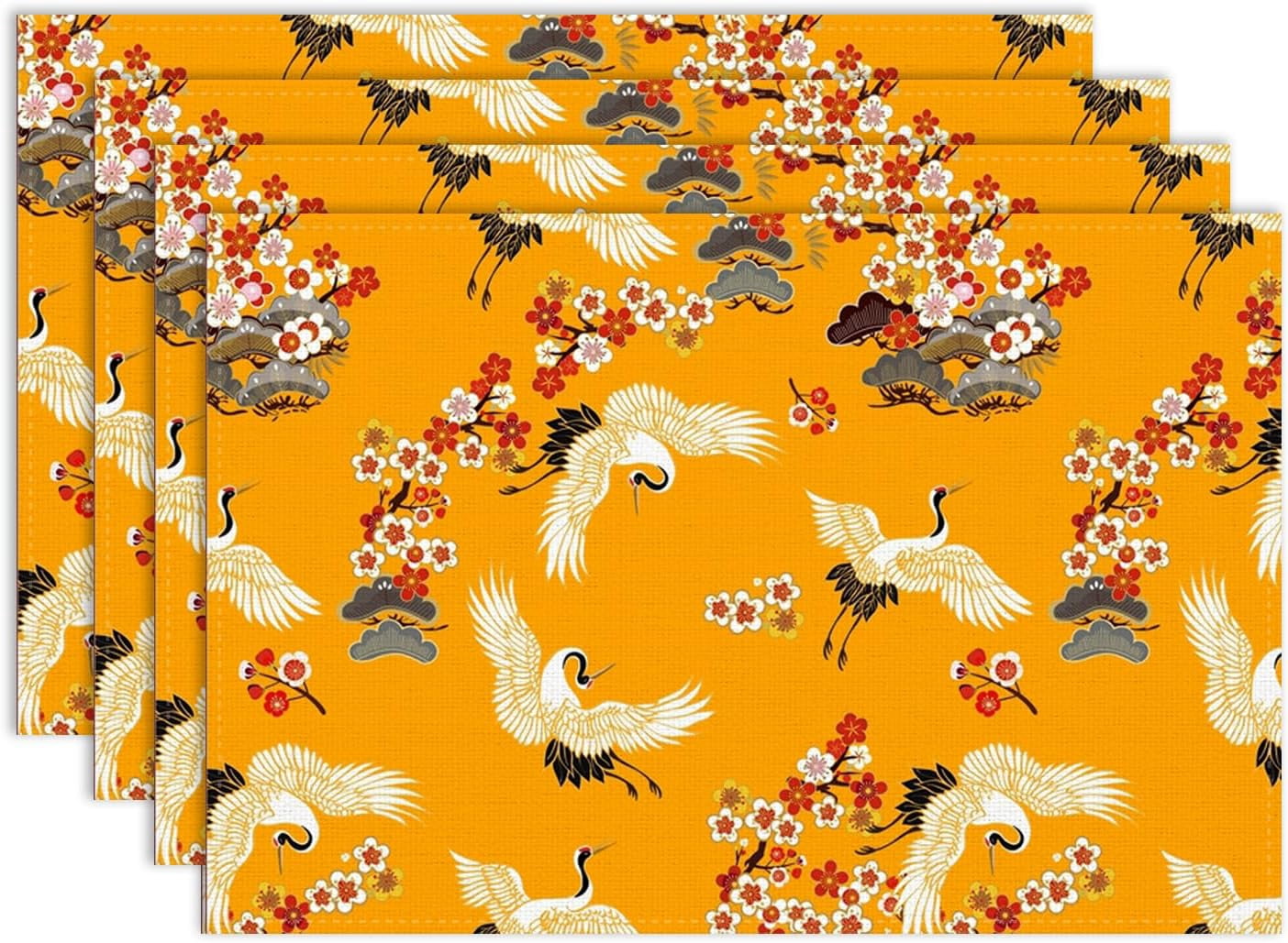 Japanese Placemat Set of 4, 12x18 Inch Vintage Cherry Blossom Crane ...