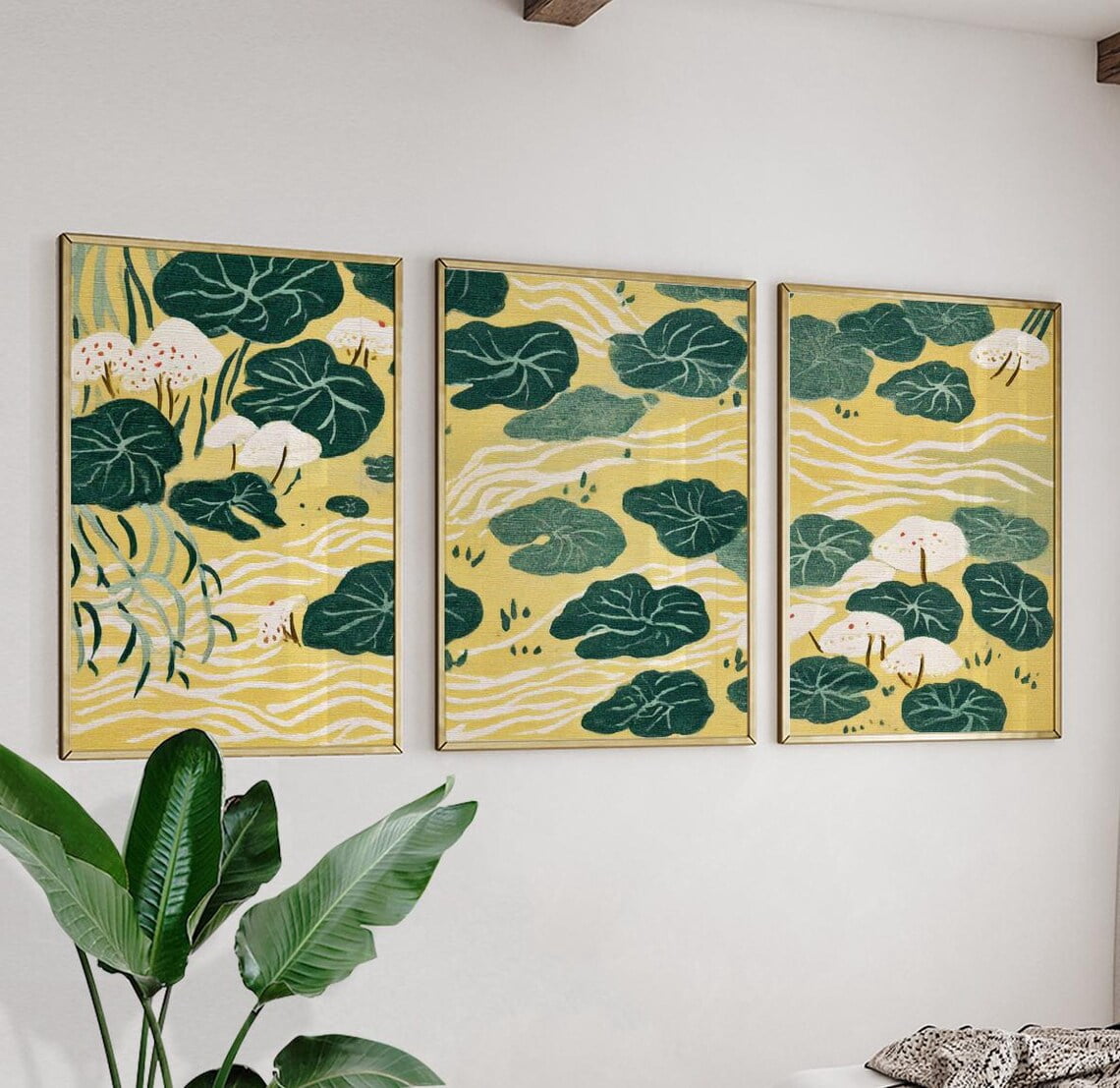 Japanese Pond Lily Nature Green Yellow Botanical Illustration Set 3 ...