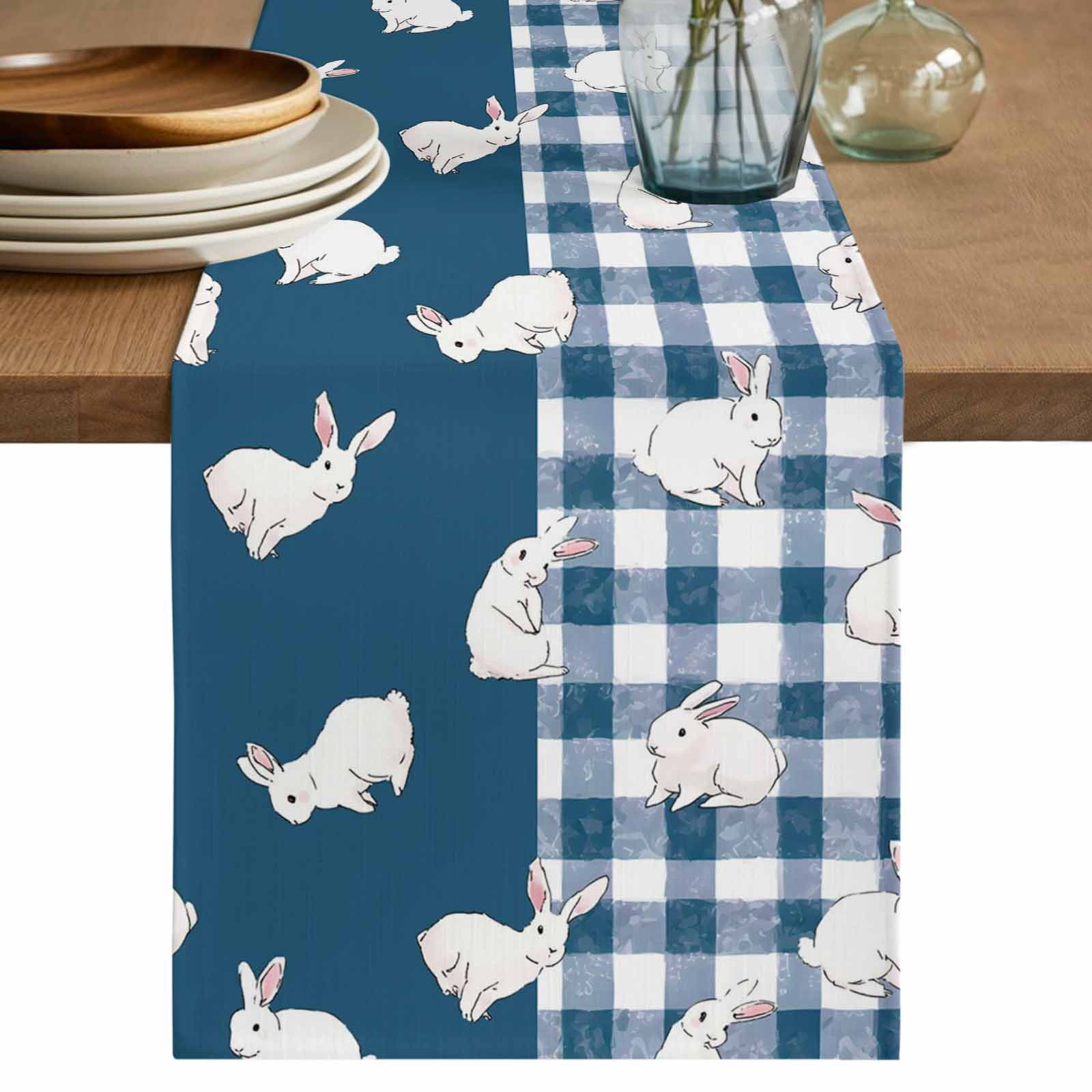 Japanese Rabbits Table Runner, Vintage Navy Blue Farmhouse Checkered ...
