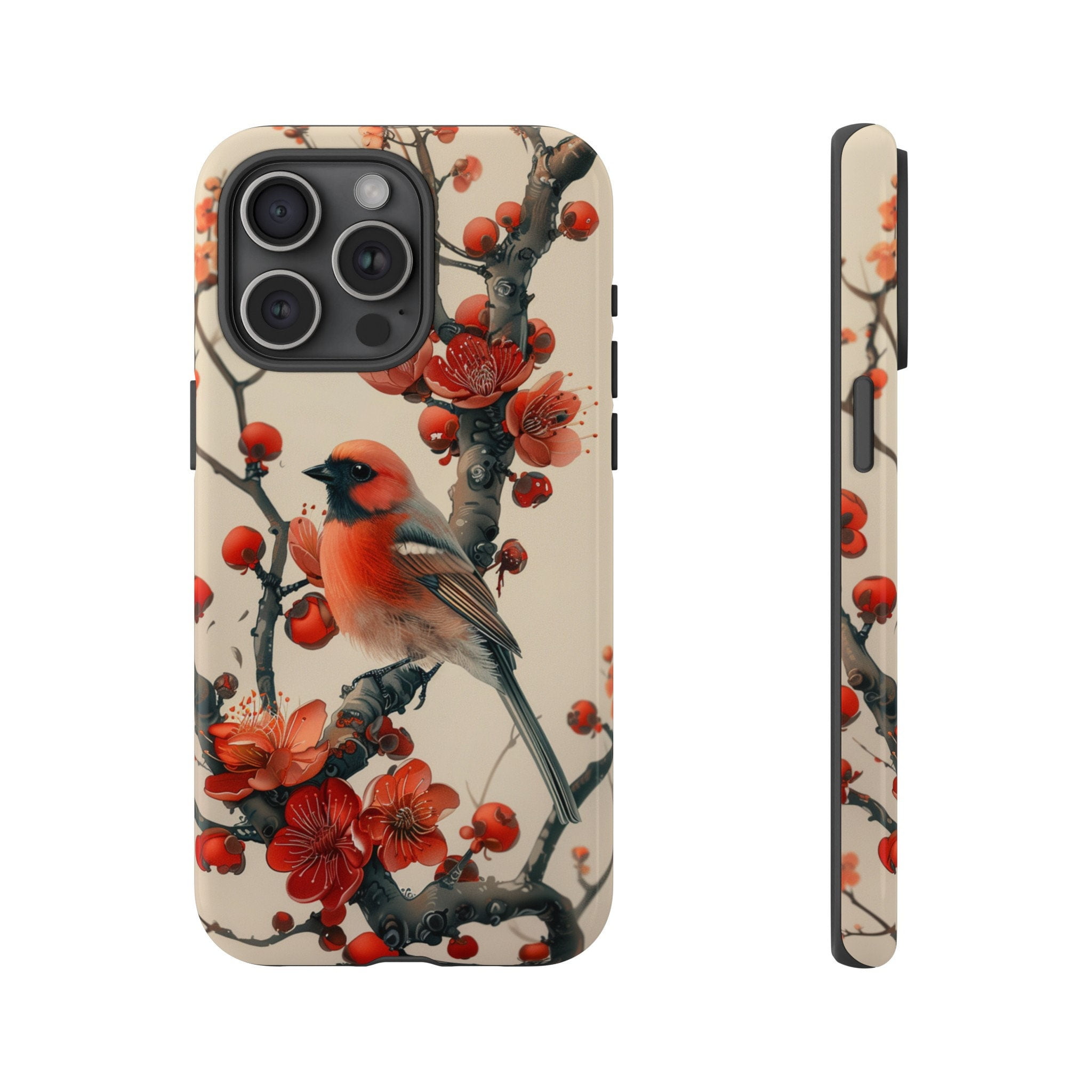 Japanese Red Bird Cherry Blossom Tree Phone Case with iPhone 17 to 11 ...