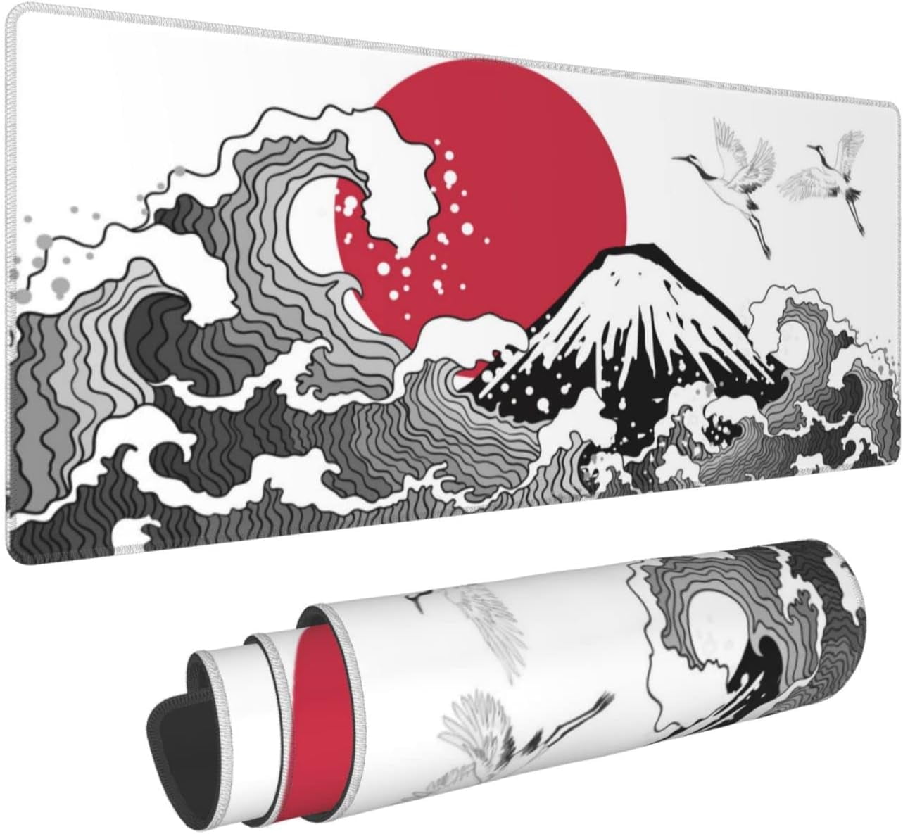 Japanese Red and Black Kanagawa Wave Sun Mount Fuji Cranes Gaming ...