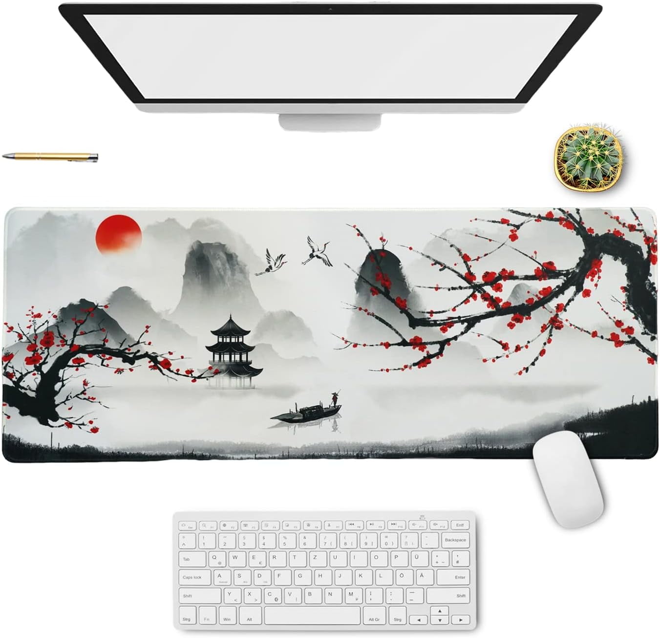 Japanese Red Cherry Blossom Sakura Mouse Pad White XL, Extended Large ...
