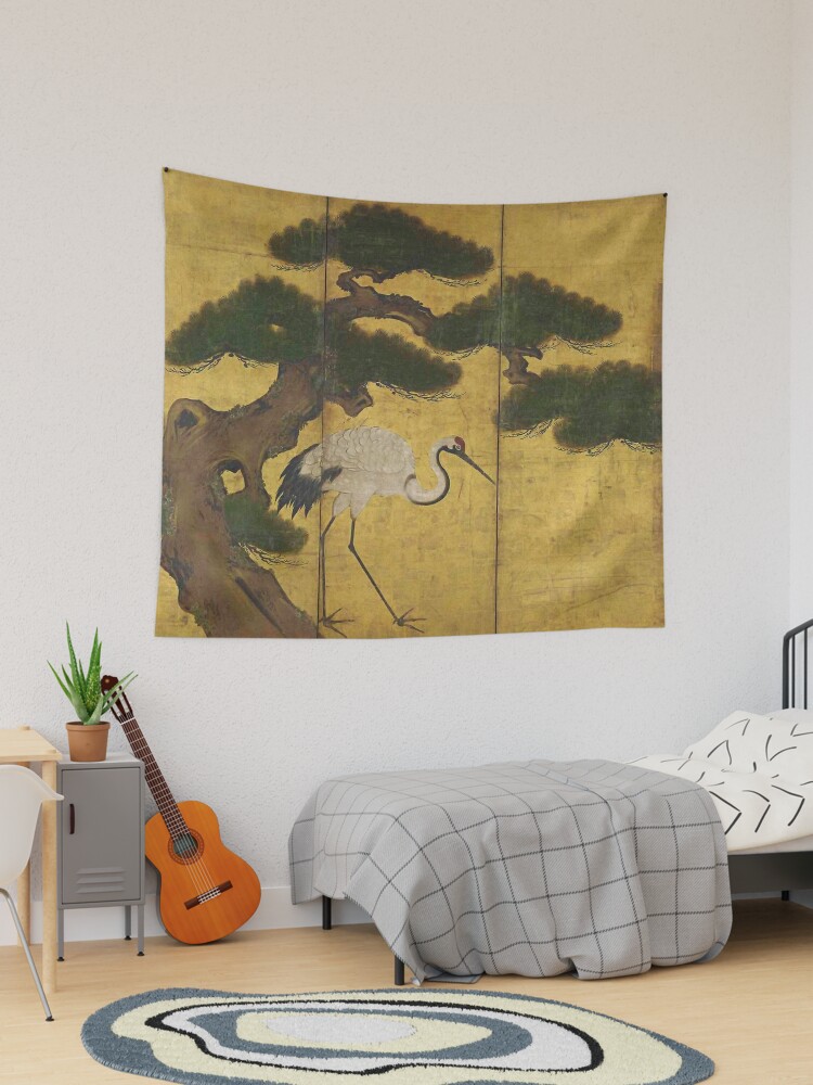 Japanese Red Crowned Crane Edo Jidai Gold Leaf Folding Screen Tapestry ...