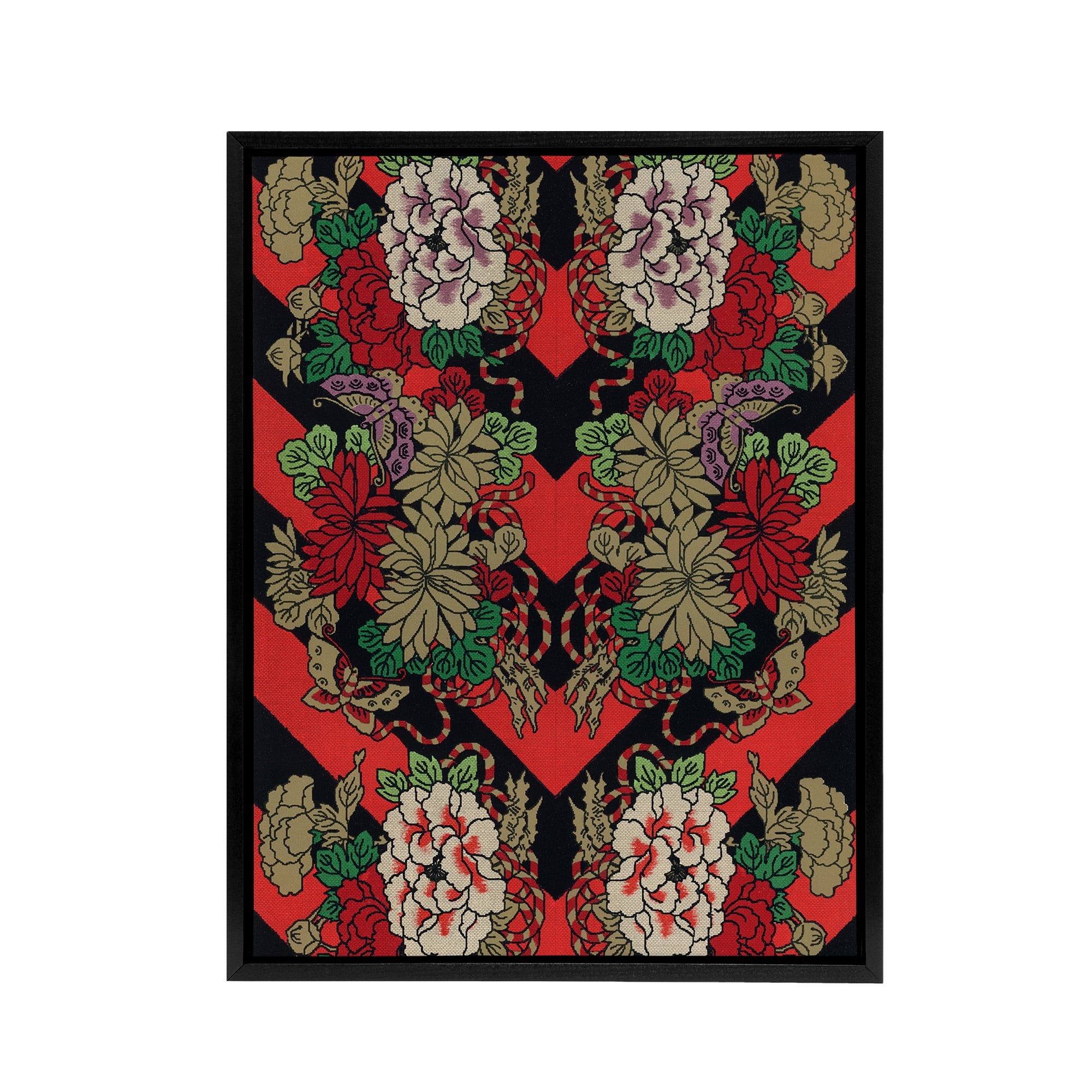 Japanese Red Fan Floral Pattern Audsley Vintage Framed Canvas Wall Art ...