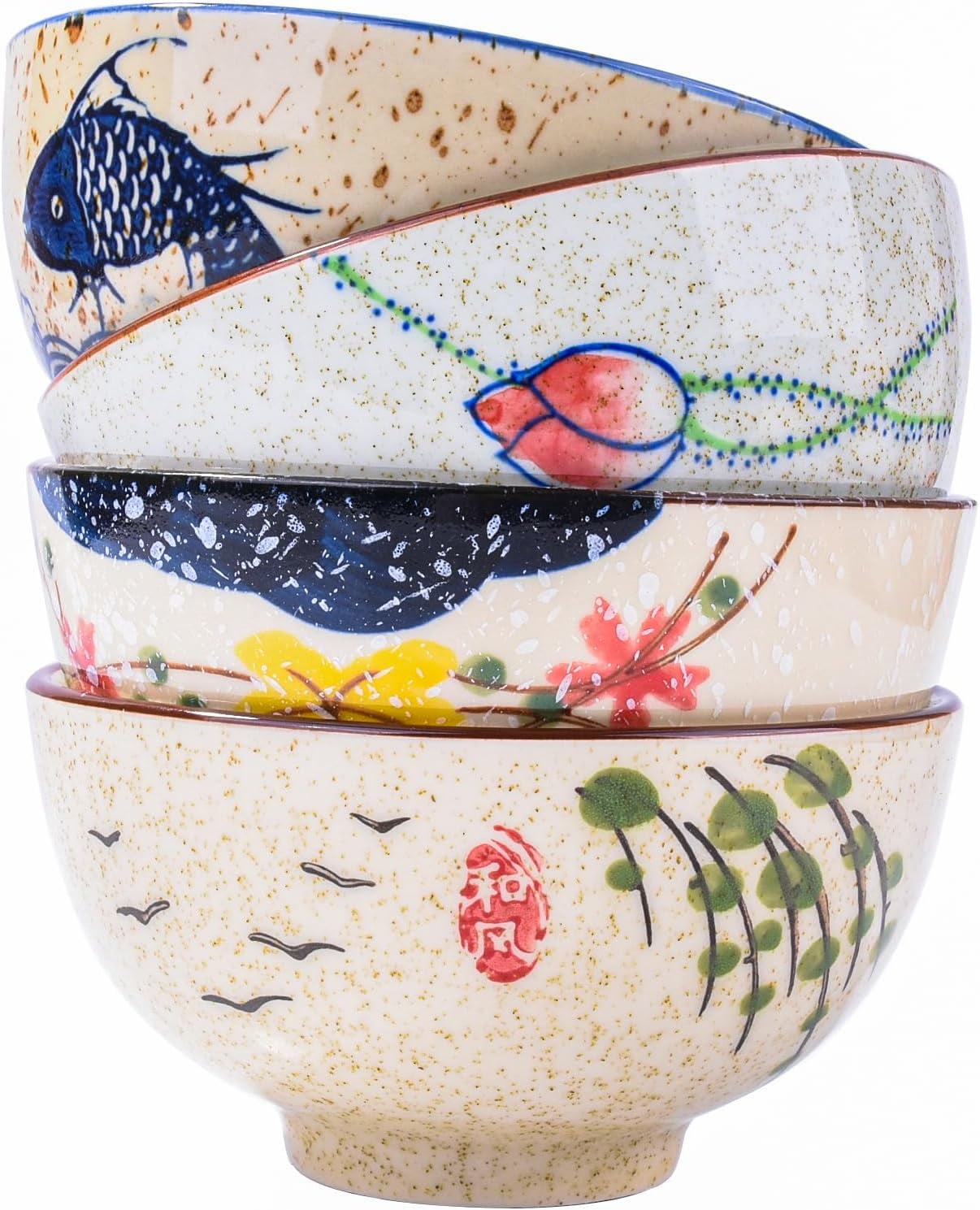 Japanese Retro Rice Bowls Set of 4 Hand-Painted Floral Design Ceramic ...