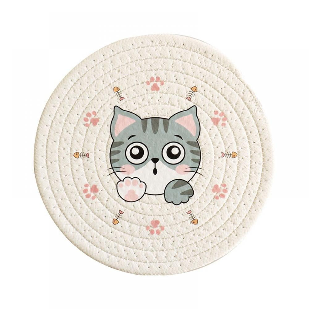 Japanese Round Braided Placemats,Cute Cat Kitty Print Dinner Table Mat ...