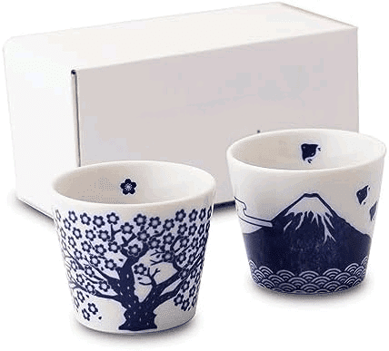 Japanese Sake Cups Set of 2- Sakura and Mt. Fuji Design, Indigo Color ...
