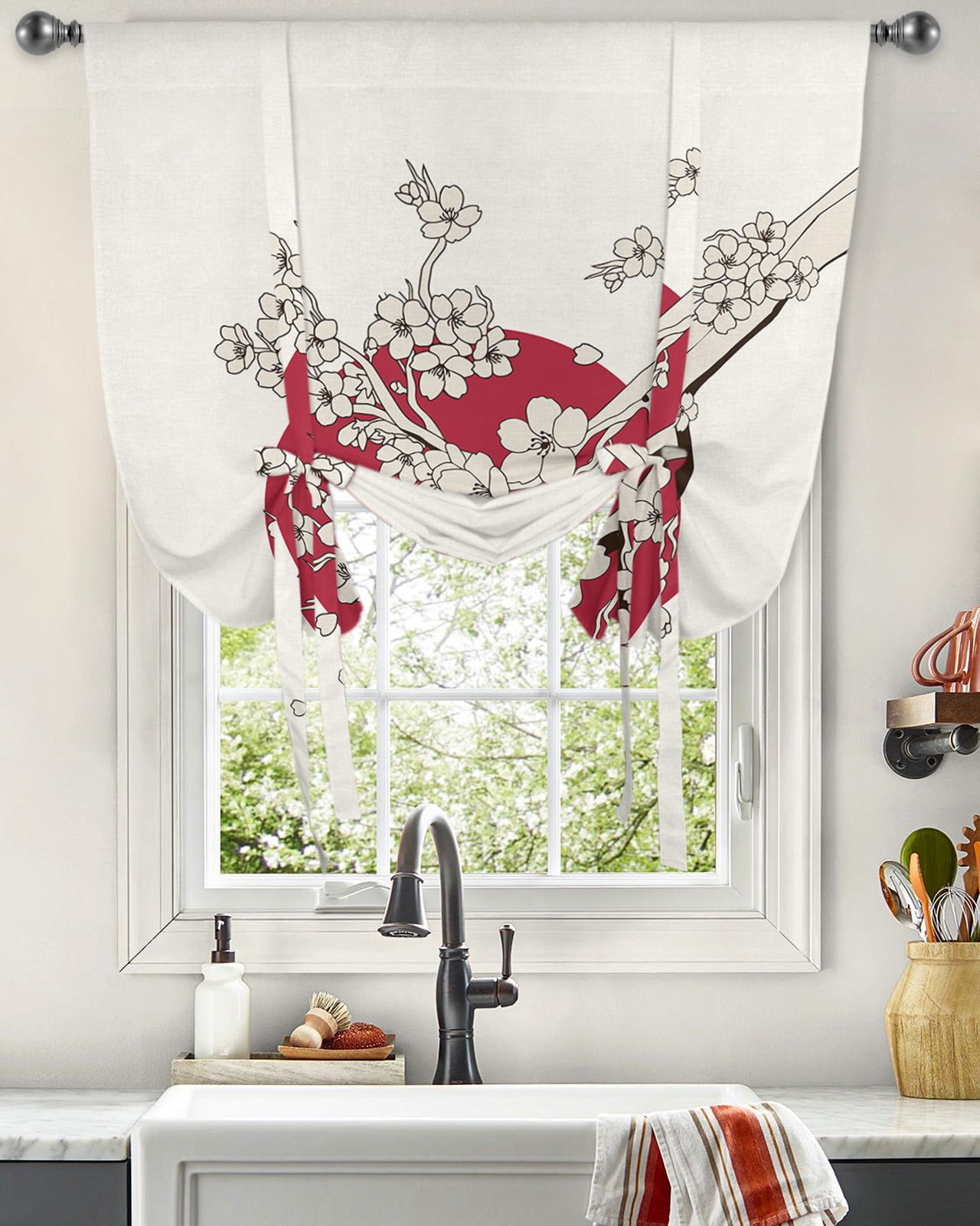 Japanese Sakura Sun Simple Retro Window Curtain for Living Room Kitchen ...