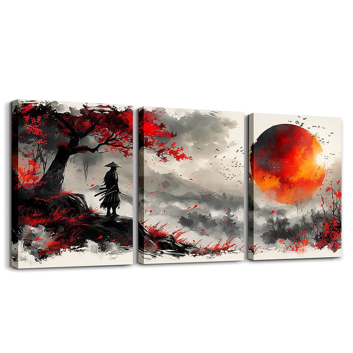 Japanese Samurai Canvas Wall Art Set of 3, Red Cherry Blossoms Print ...