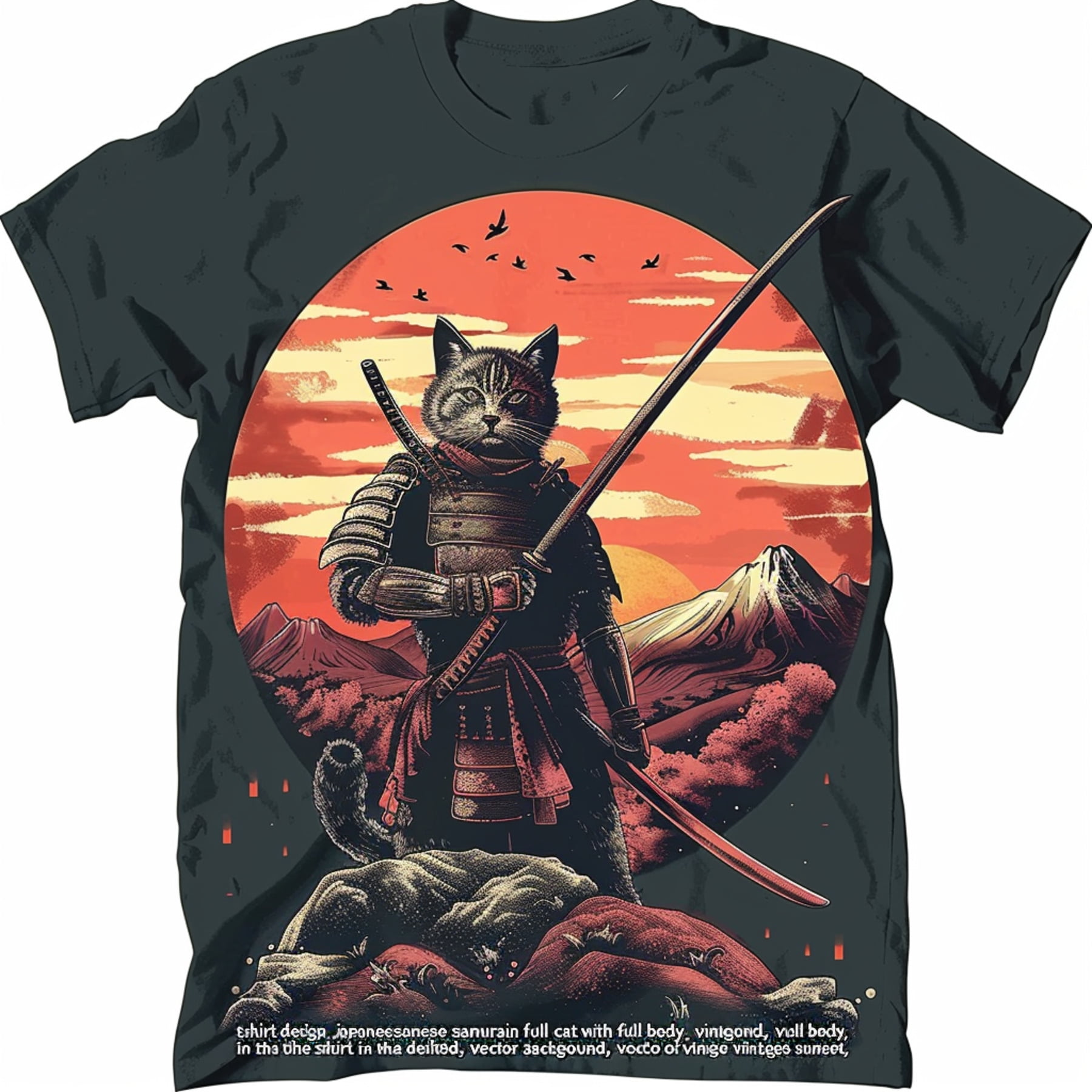 Japanese Samurai Cat Black Tee Unique Mountain Sunset Design Vintage ...