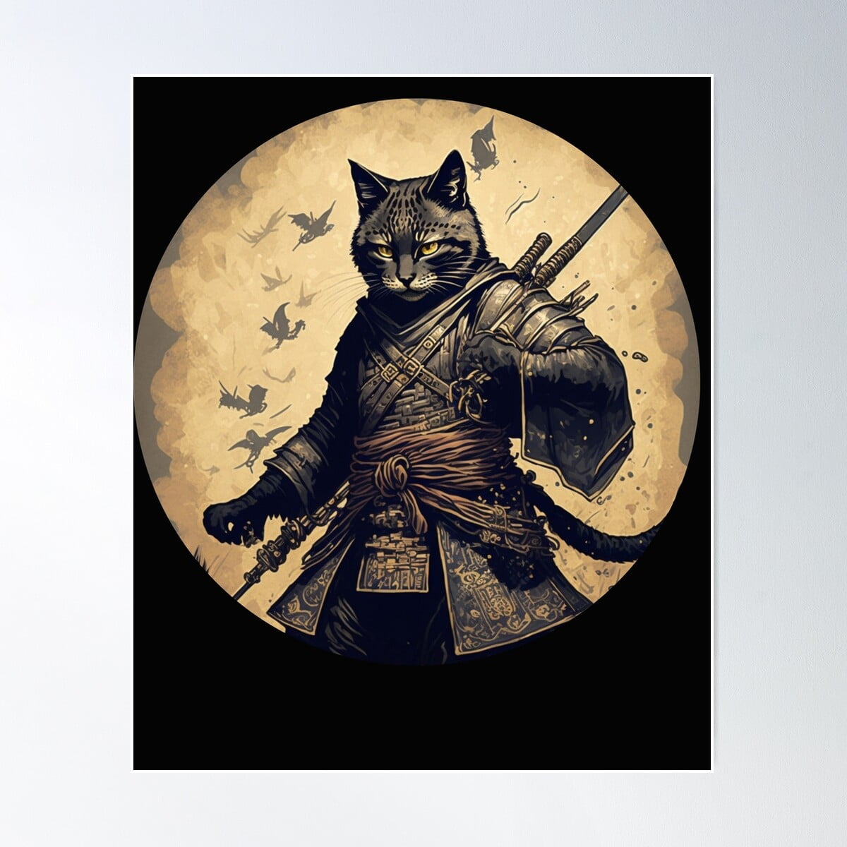 Japanese Samurai Cat Ninja Poster Wall Art, Modern Wall Decor For ...
