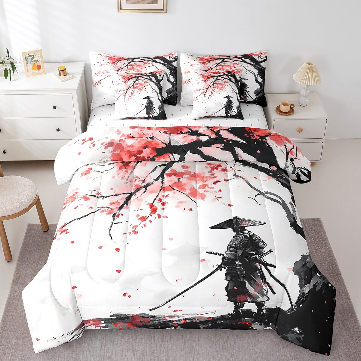 Japanese Samurai Comforter Set 7-Piece Cherry Blossom Flower Bedding ...