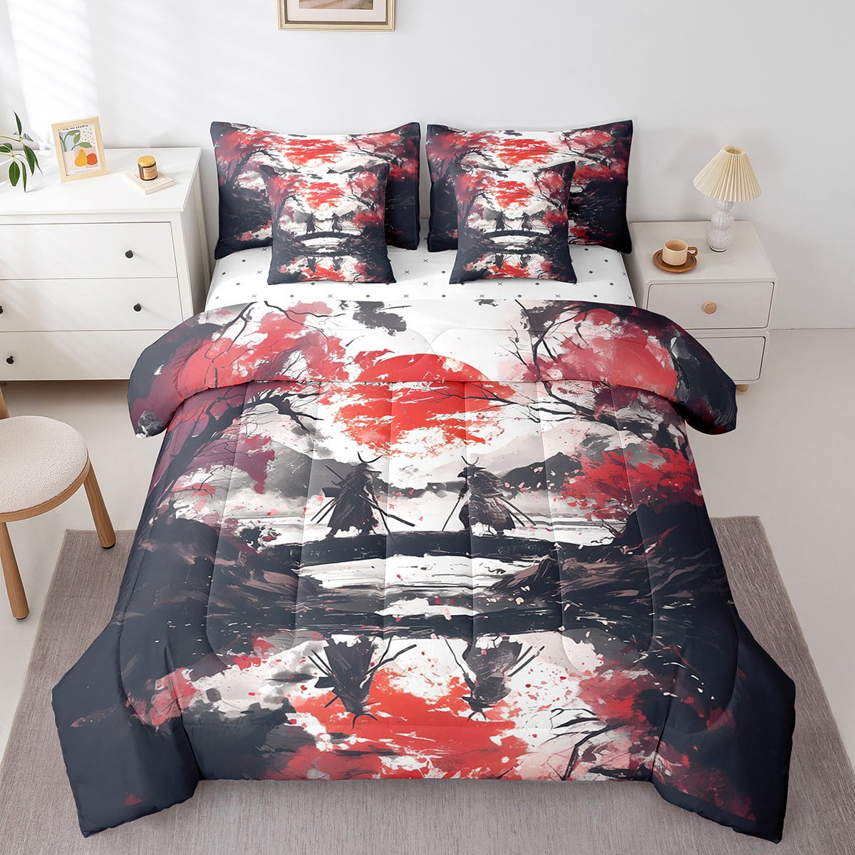 Japanese Samurai Comforter Set King,7 Pcs Cherry Blossoms Bed In A Bag ...