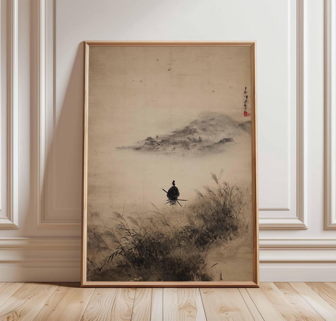Japanese Samurai Misty Landscape Traditional Ink Asian Warrior Decor ...