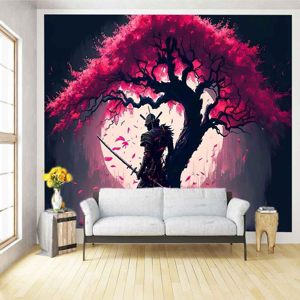 Japanese Samurai Tapestry for Bedroom Aesthetic Full Moon Cherry ...