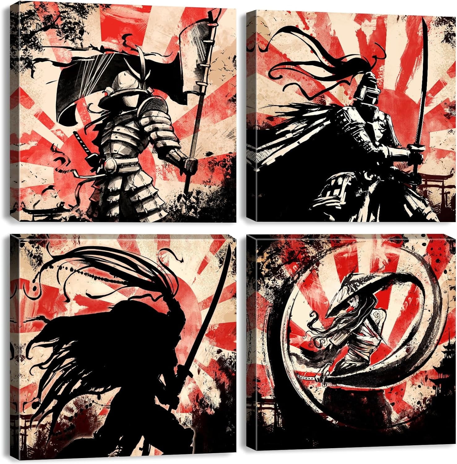 Japanese Samurai Wall Art for Living Room Red and Black Japanese Wall ...