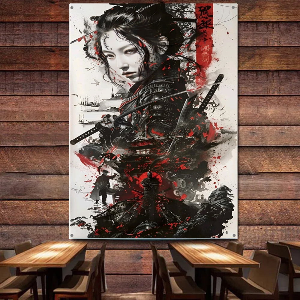 Japanese Samurai Warrior Artwork Funny Wall Art Decor Banner 38" x 57 ...