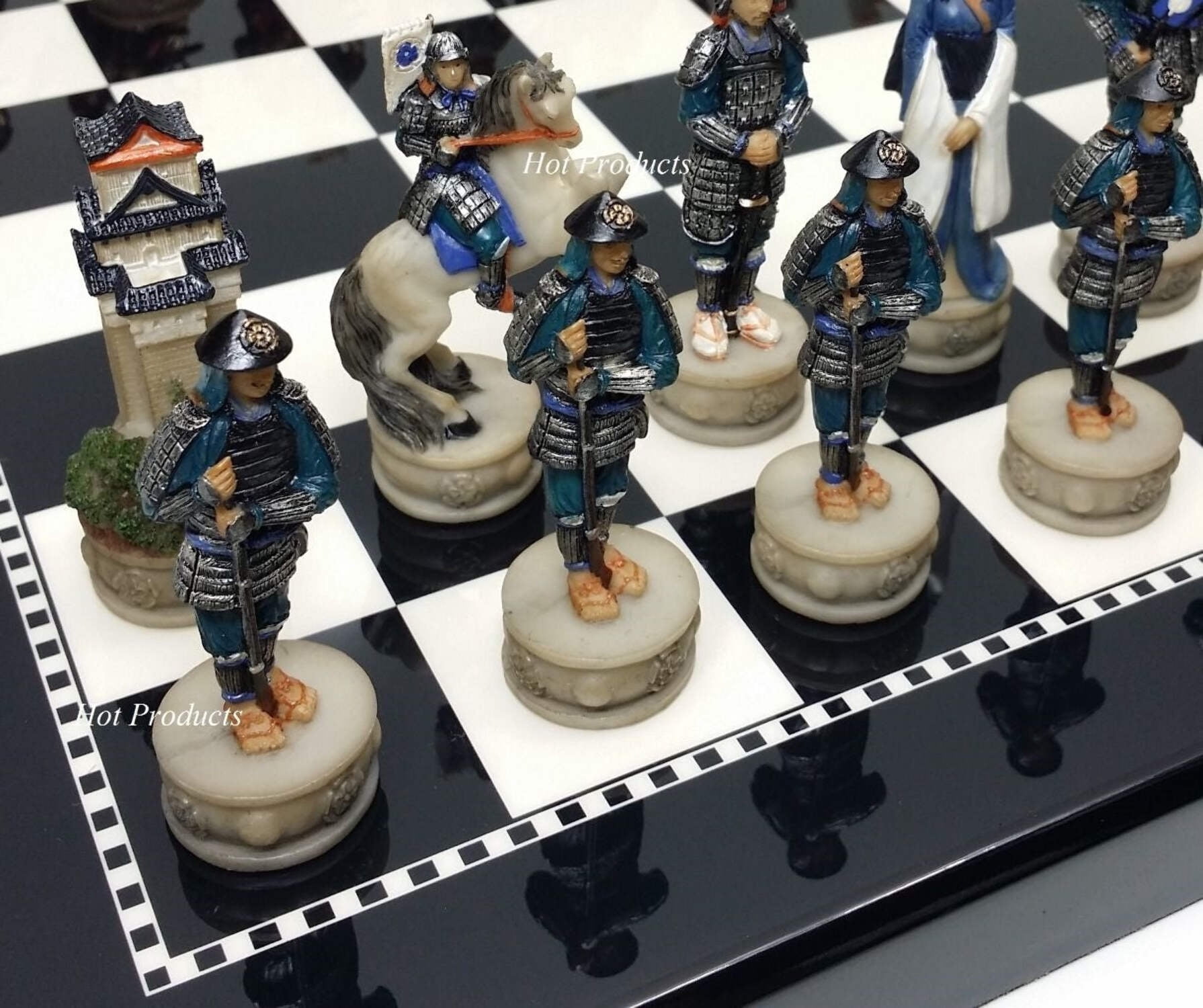 Japanese Samurai Warrior Chess Set BLACK WHITE GLOSS BOARD 15" oriental ...