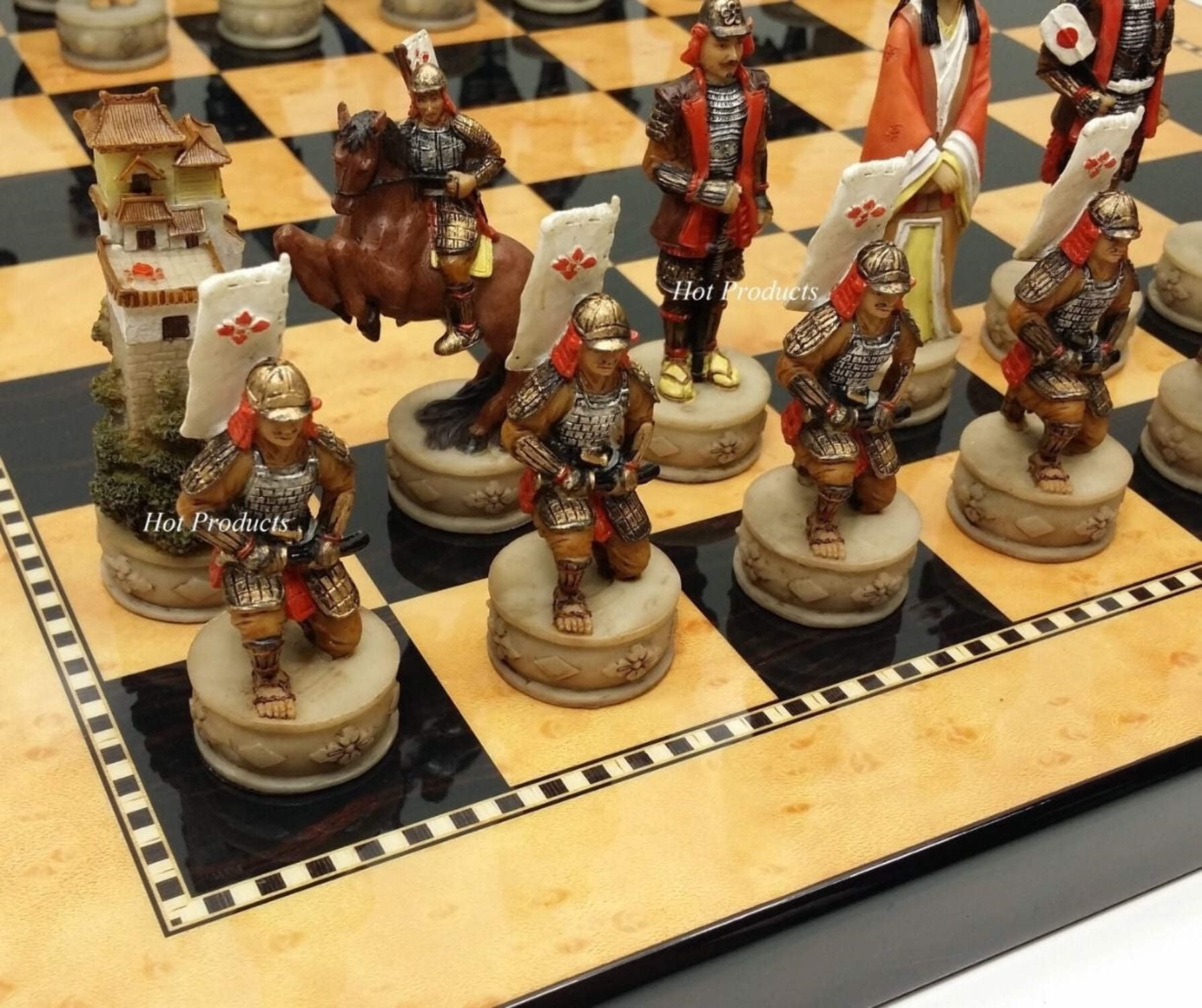 Japanese Samurai Warrior Chess Set W 15" High Gloss Walnut and Maple ...