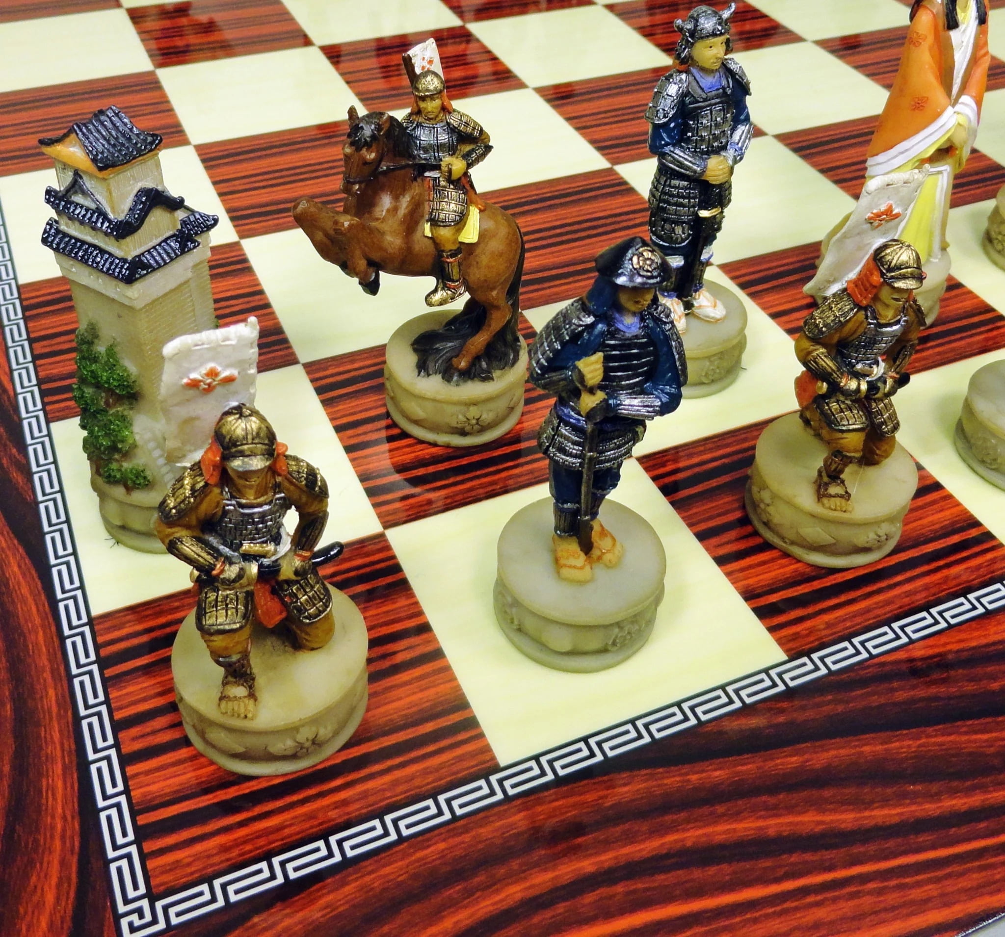 Japanese Samurai Warrior Chess Set W/ 17" HIGH GLOSS CHERRY COLOR BOARD ...
