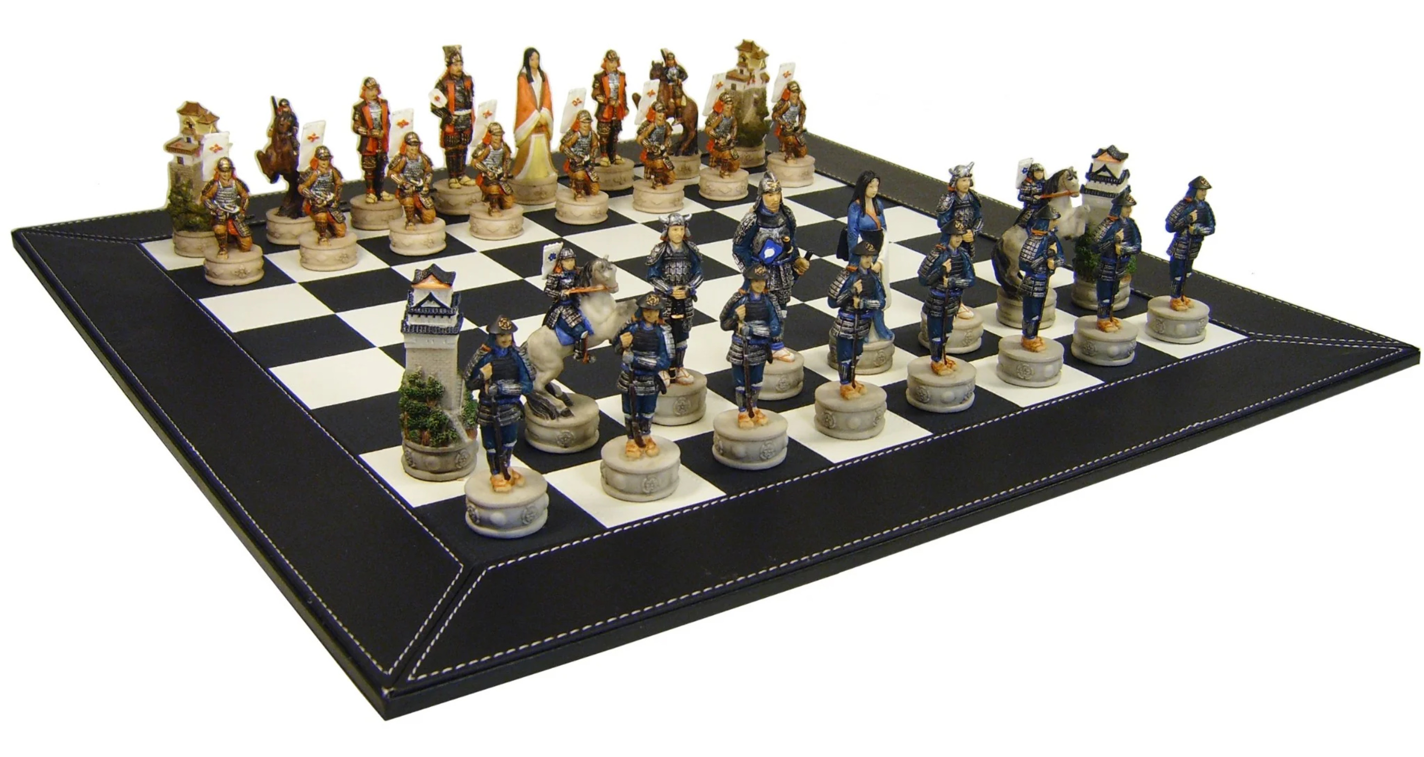 Japanese Samurai Warrior Chess Set W 18" Black Faux Leather Board ...