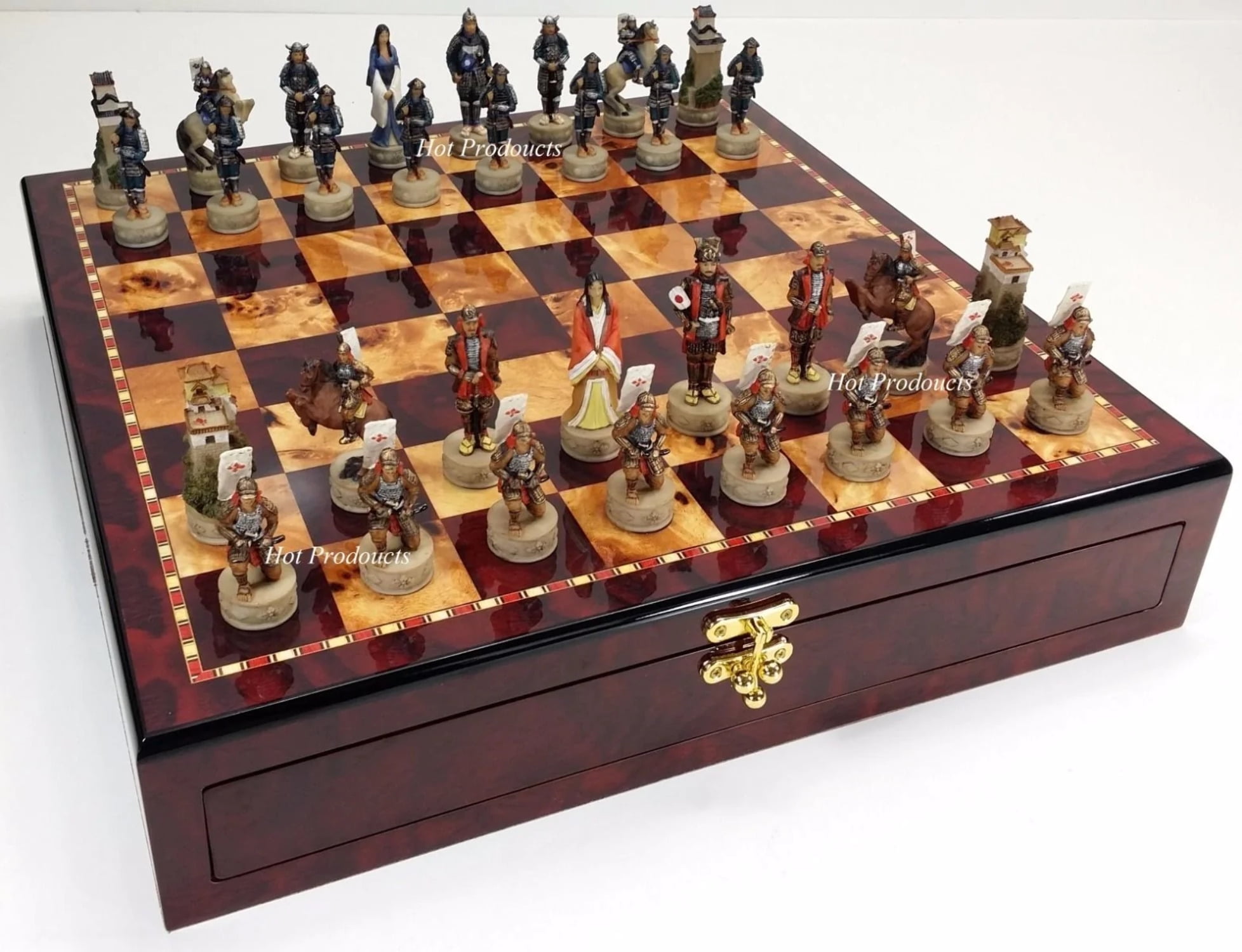 Japanese Samurai Warrior Chess Set w/ 17" Gloss Cherry Color Storage ...