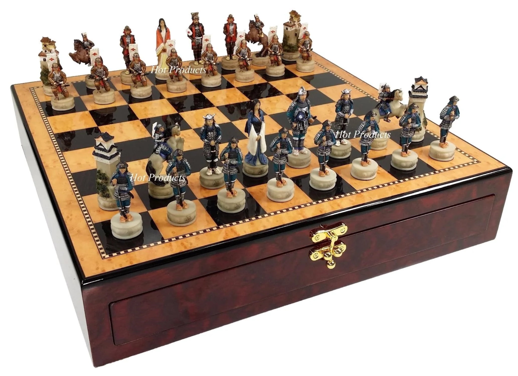 Japanese Samurai Warrior Chess Set w/ Gloss Walnut Color Storage Board ...