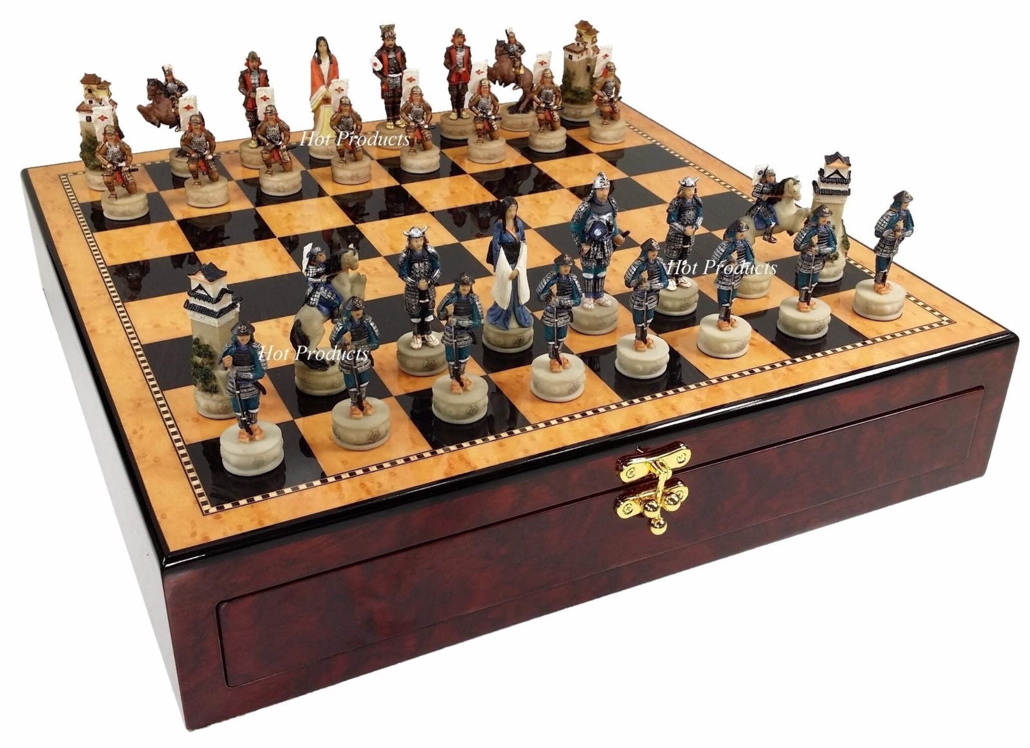 Japanese Samurai Warrior Chess Set w/ Gloss Walnut Color Storage Board ...