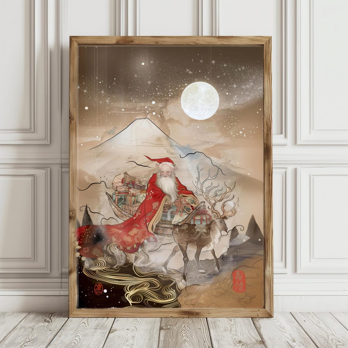 Japanese Santa Claus Art At The Foot Of Mount Fuji, Ukiyo,E Style ...