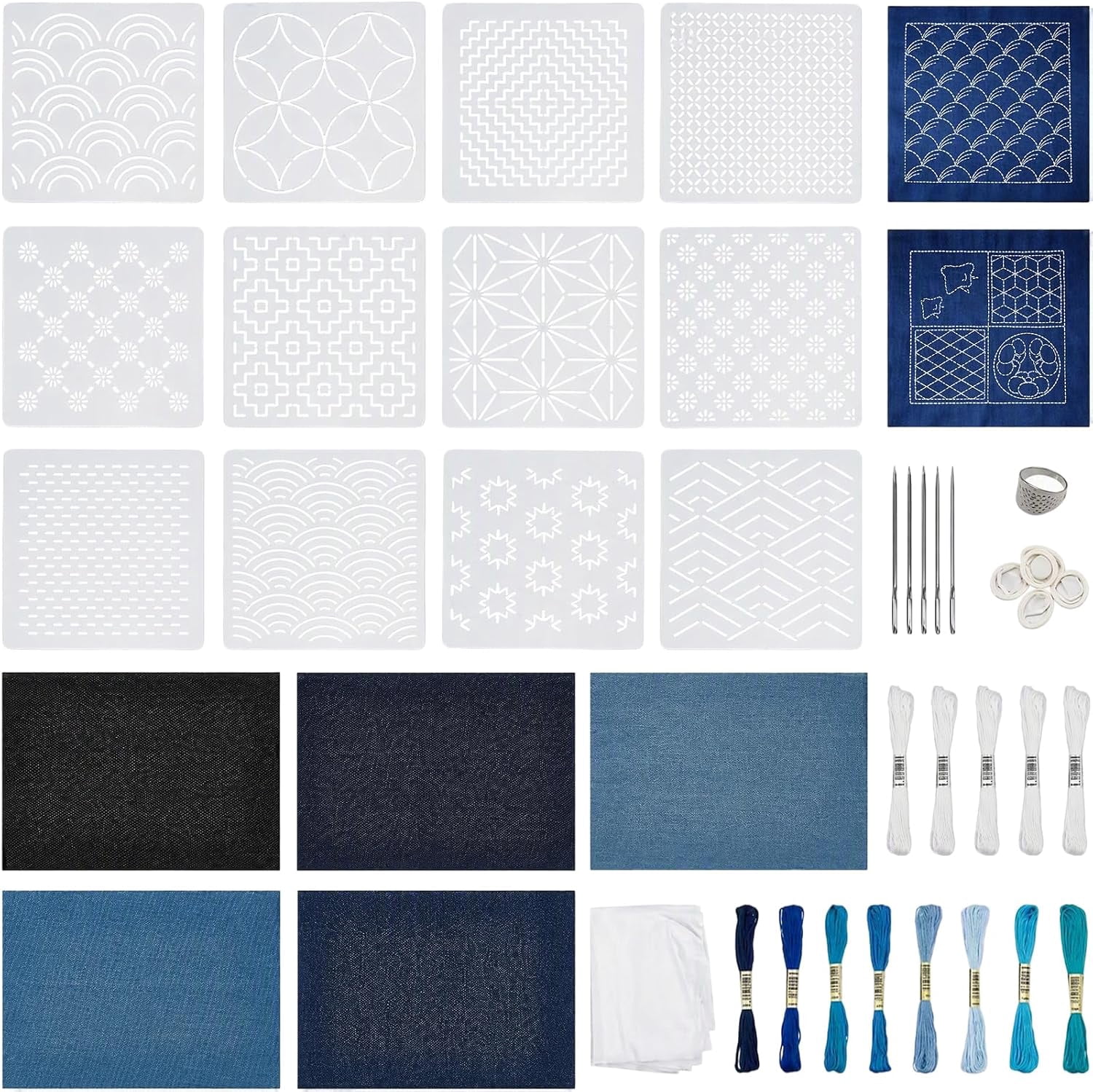 Japanese Sashiko Starter Kit, 45Pcs With 12 Hollow Stencils And Denim ...