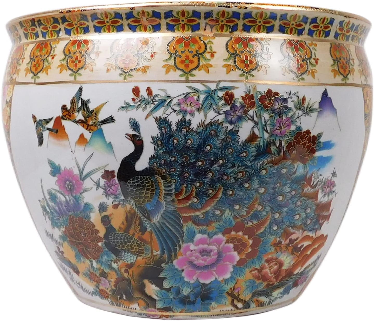 Japanese Satsuma Peacock Planter Vase Cachepot 10 Inch (10" W x 7.75" H ...