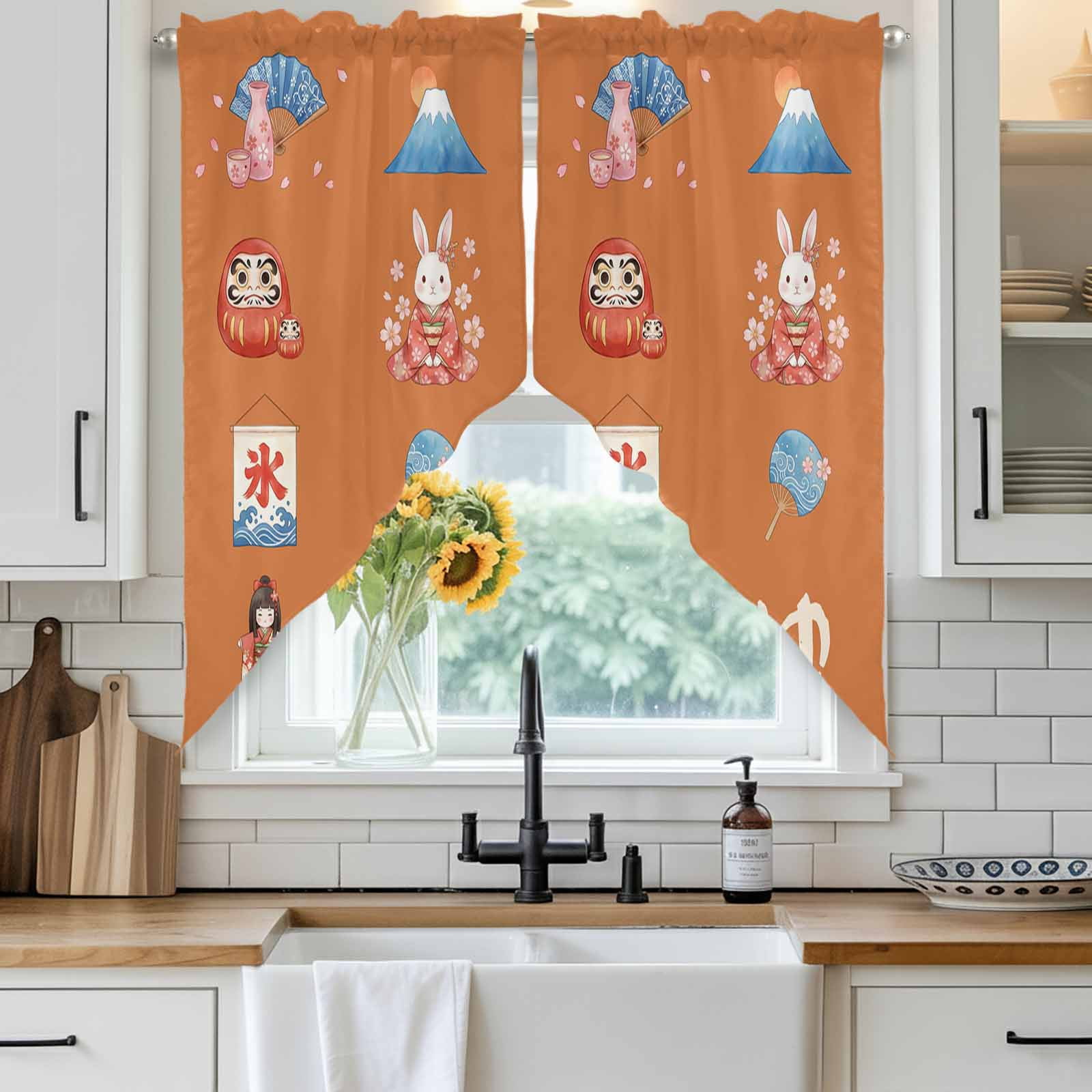 Japanese Series Swag Curtain Valance for Windows, Cartoon Mount Fuji ...