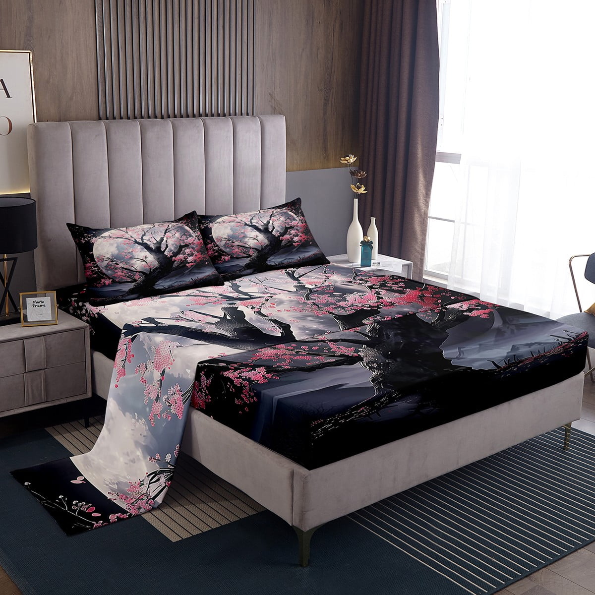 Japanese Sheet Set Moon Cherry Blossom Bed Sheets King Black And Pink ...