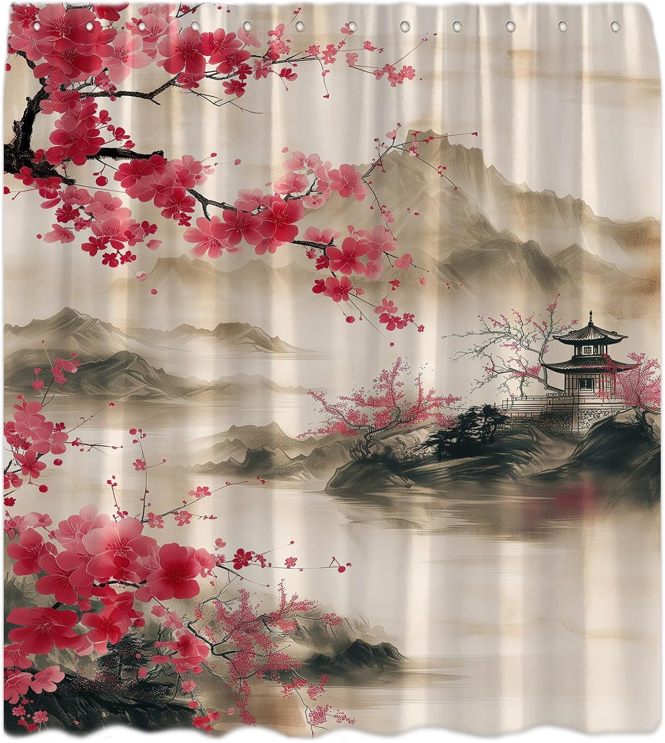 Japanese Shower Curtain Cherry Blossom Asian Mountain Red Plum Flower Vintage Floral Scenery ...