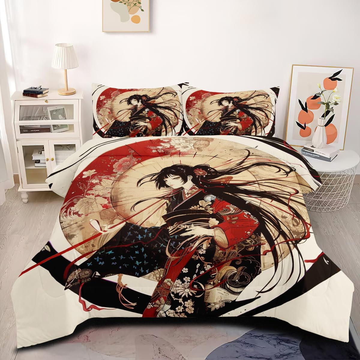 Japanese Silhouette Women Comforter Set Red Moon Bedding Queen Size ...