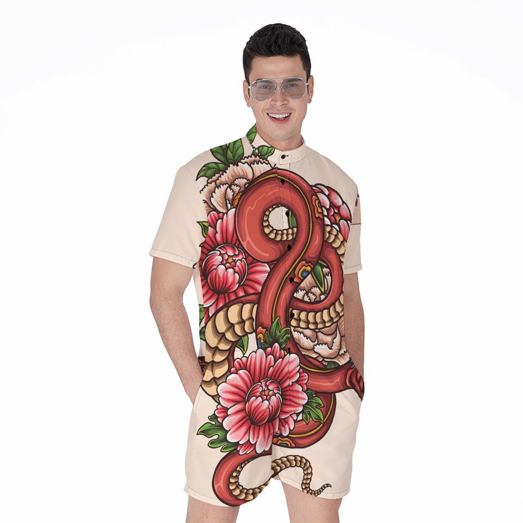 Japanese Snake Tattoo Short Sleeve Men'S Rompers, Snakes Python Casual ...